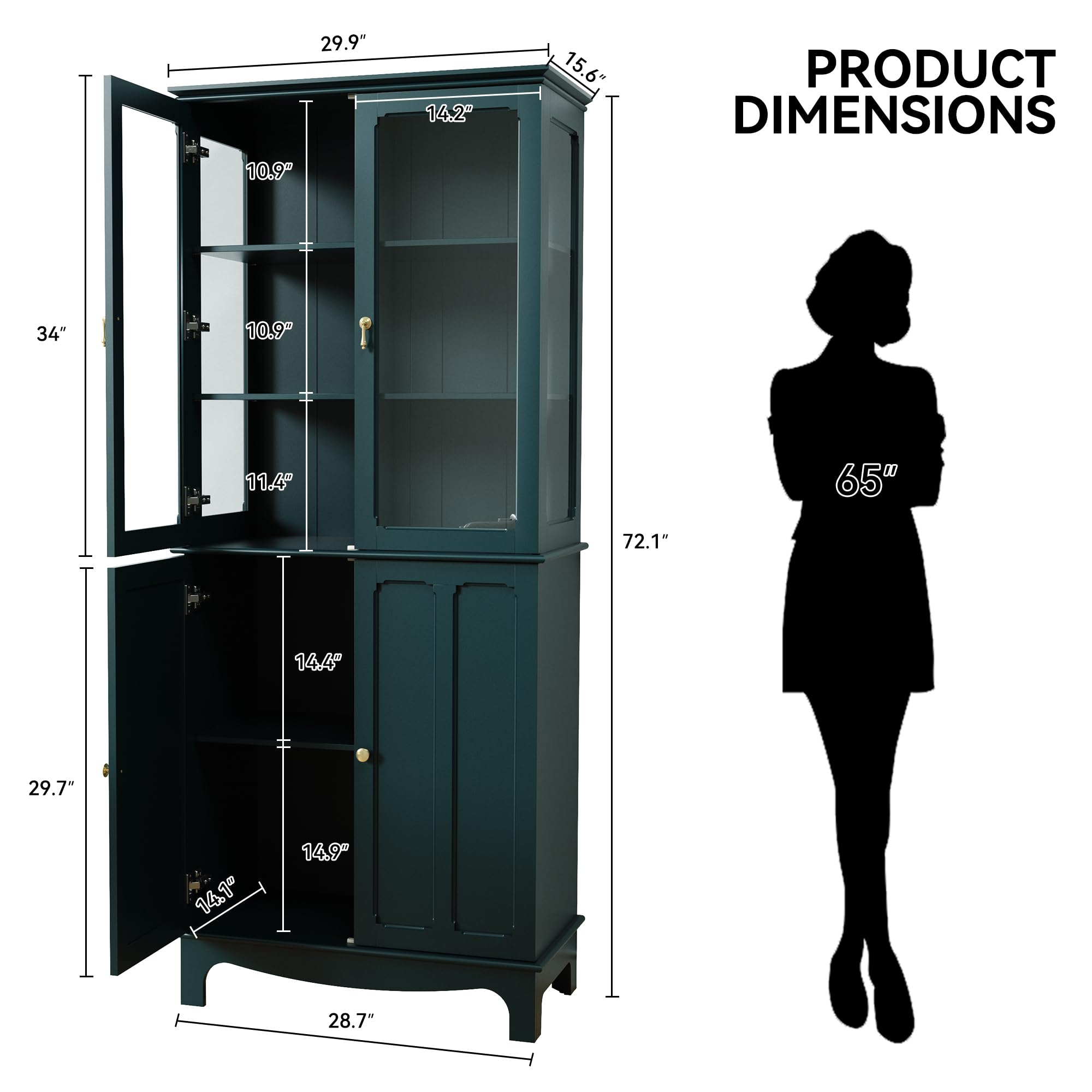 ARTPOWER 72" Freestanding Kitchen Pantry Storage Sideboard, Classical Tall Cabinet with Glass Door and Adjustable Shelves for Kitchen, Livingroom and Dining Room, Dark Teal