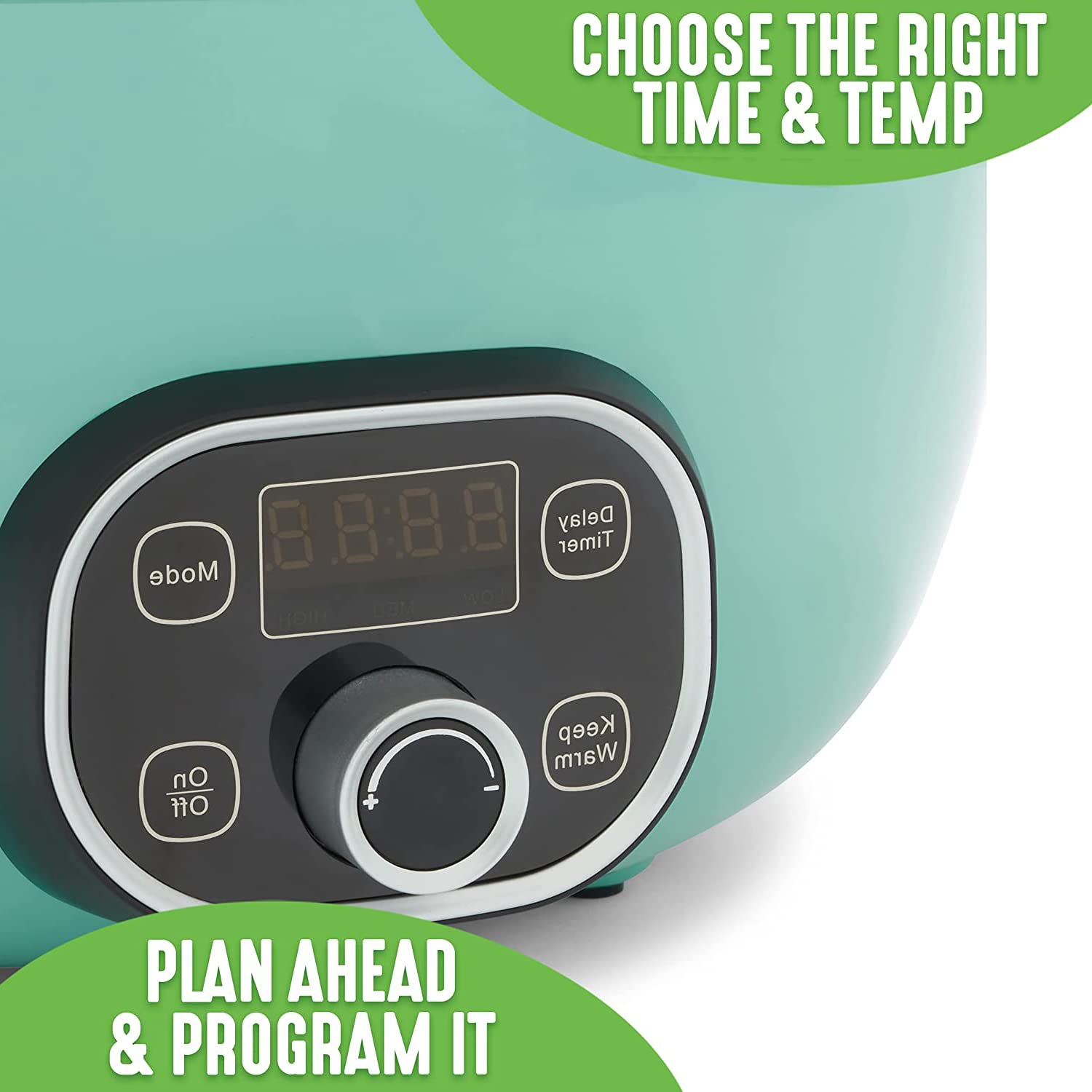 6-Quart Nonstick Electric Slow Cooker - Programmable Ceramic Slow Cookers with Digital Timer, Removable Lid and Pot, Dishwasher Safe Parts, Turquoise