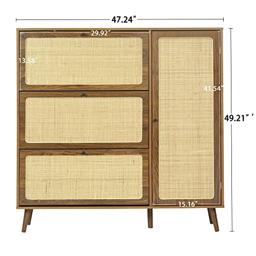 FOKWE Natural Rattan Shoe Cabinet, Shoe Cabinet with 3 Flip Drawers and Storage Shelves, Modern 3-Tier Shoe Rack Storage Cabinet for Entryway, Hallway, Bedroom(Walnut)
