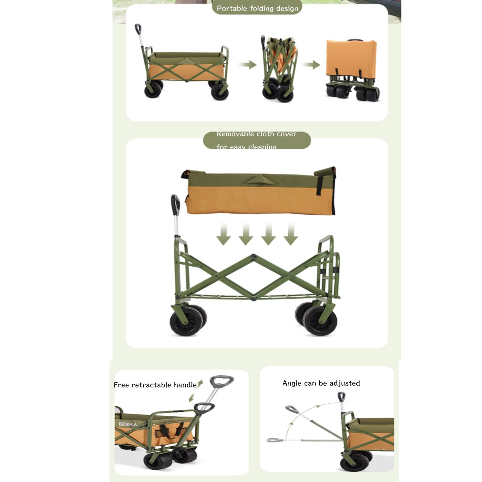 Folding Camping Cart, Outdoor Push Wagon Stroller Trailer Transport Free Standing Collapsible Utility Rolling Buggies Garden Sport Wagons (Color : A)