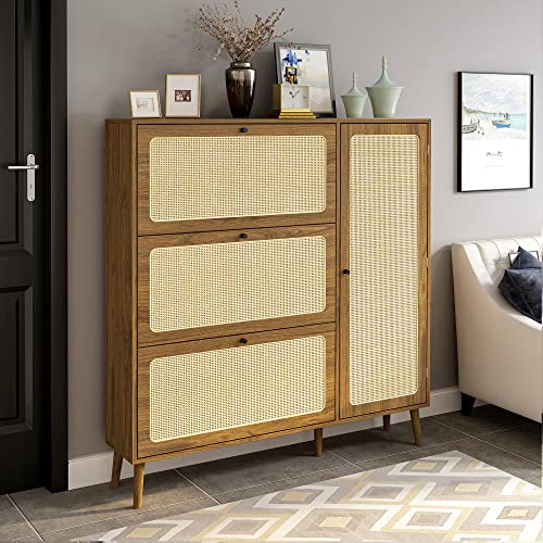 FOKWE Natural Rattan Shoe Cabinet, Shoe Cabinet with 3 Flip Drawers and Storage Shelves, Modern 3-Tier Shoe Rack Storage Cabinet for Entryway, Hallway, Bedroom(Walnut)