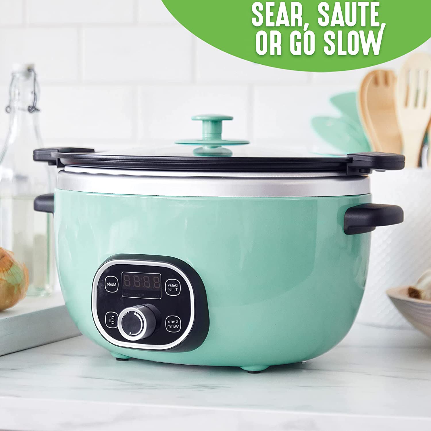 6-Quart Nonstick Electric Slow Cooker - Programmable Ceramic Slow Cookers with Digital Timer, Removable Lid and Pot, Dishwasher Safe Parts, Turquoise