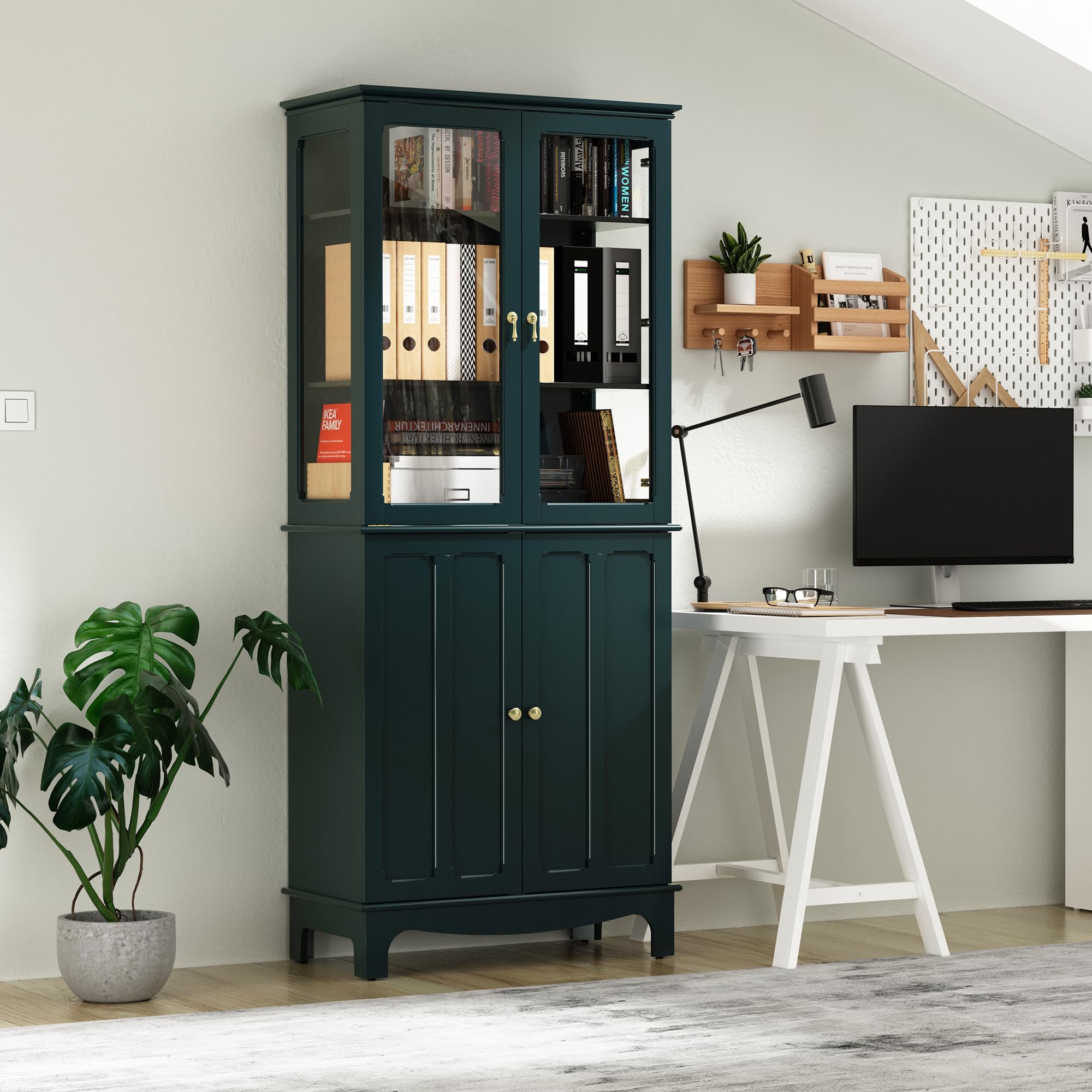 ARTPOWER 72" Freestanding Kitchen Pantry Storage Sideboard, Classical Tall Cabinet with Glass Door and Adjustable Shelves for Kitchen, Livingroom and Dining Room, Dark Teal