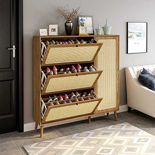 FOKWE Natural Rattan Shoe Cabinet, Shoe Cabinet with 3 Flip Drawers and Storage Shelves, Modern 3-Tier Shoe Rack Storage Cabinet for Entryway, Hallway, Bedroom(Walnut)