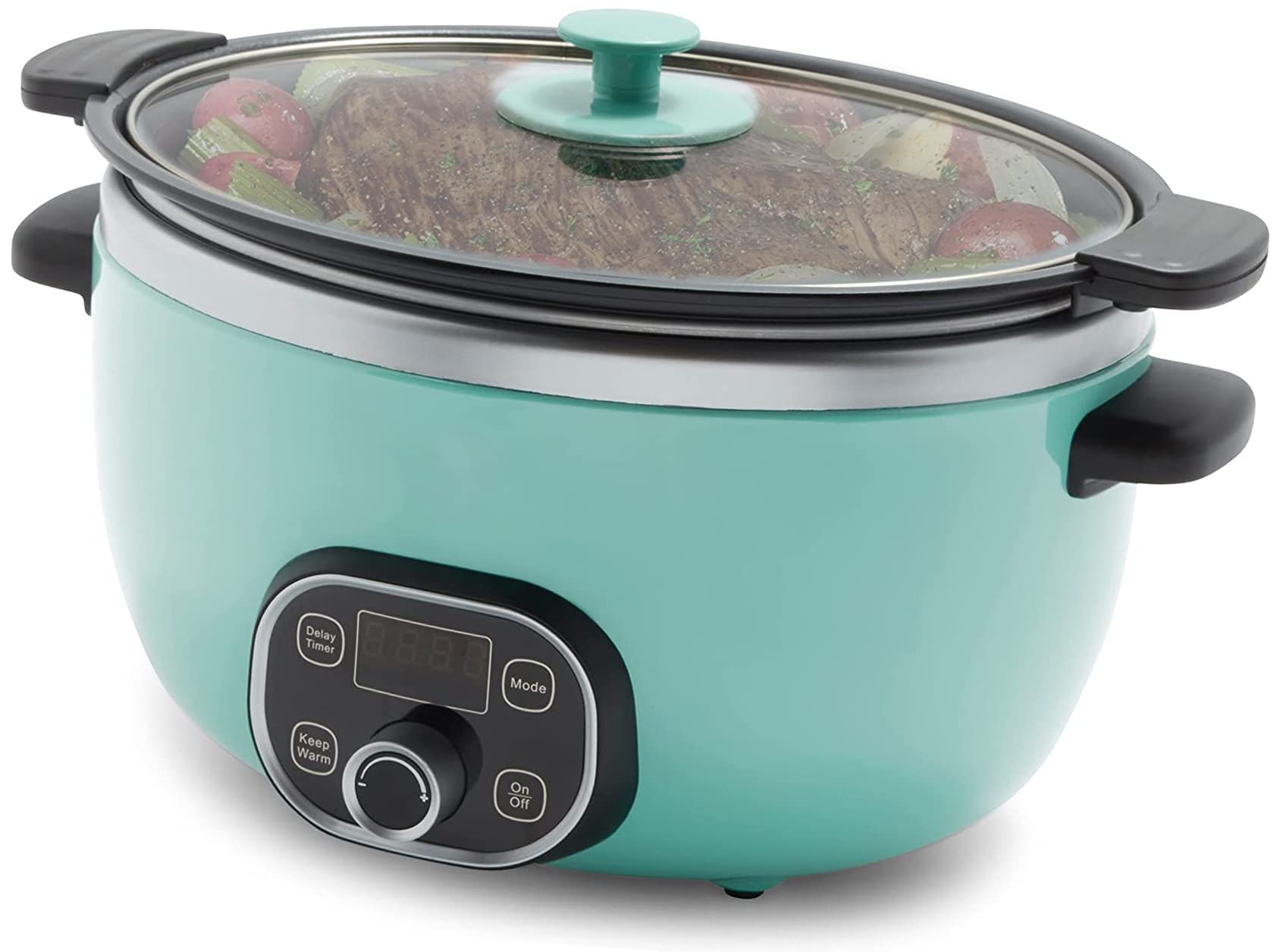 6-Quart Nonstick Electric Slow Cooker - Programmable Ceramic Slow Cookers with Digital Timer, Removable Lid and Pot, Dishwasher Safe Parts, Turquoise