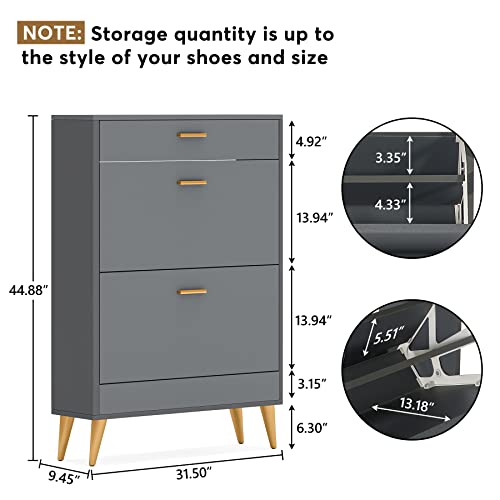 Tribesigns Shoe Cabinet, Modern Shoe Storage Cabinet with 2 Flip Doors and Drawer, Grey Narrow Shoe Organizer Rack for Entryway, Closet (Gray)