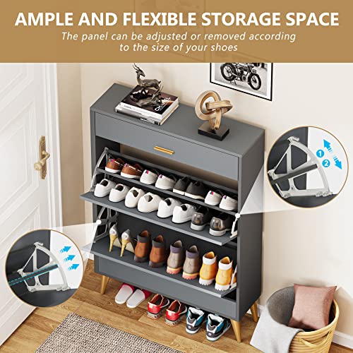 Tribesigns Shoe Cabinet, Modern Shoe Storage Cabinet with 2 Flip Doors and Drawer, Grey Narrow Shoe Organizer Rack for Entryway, Closet (Gray)