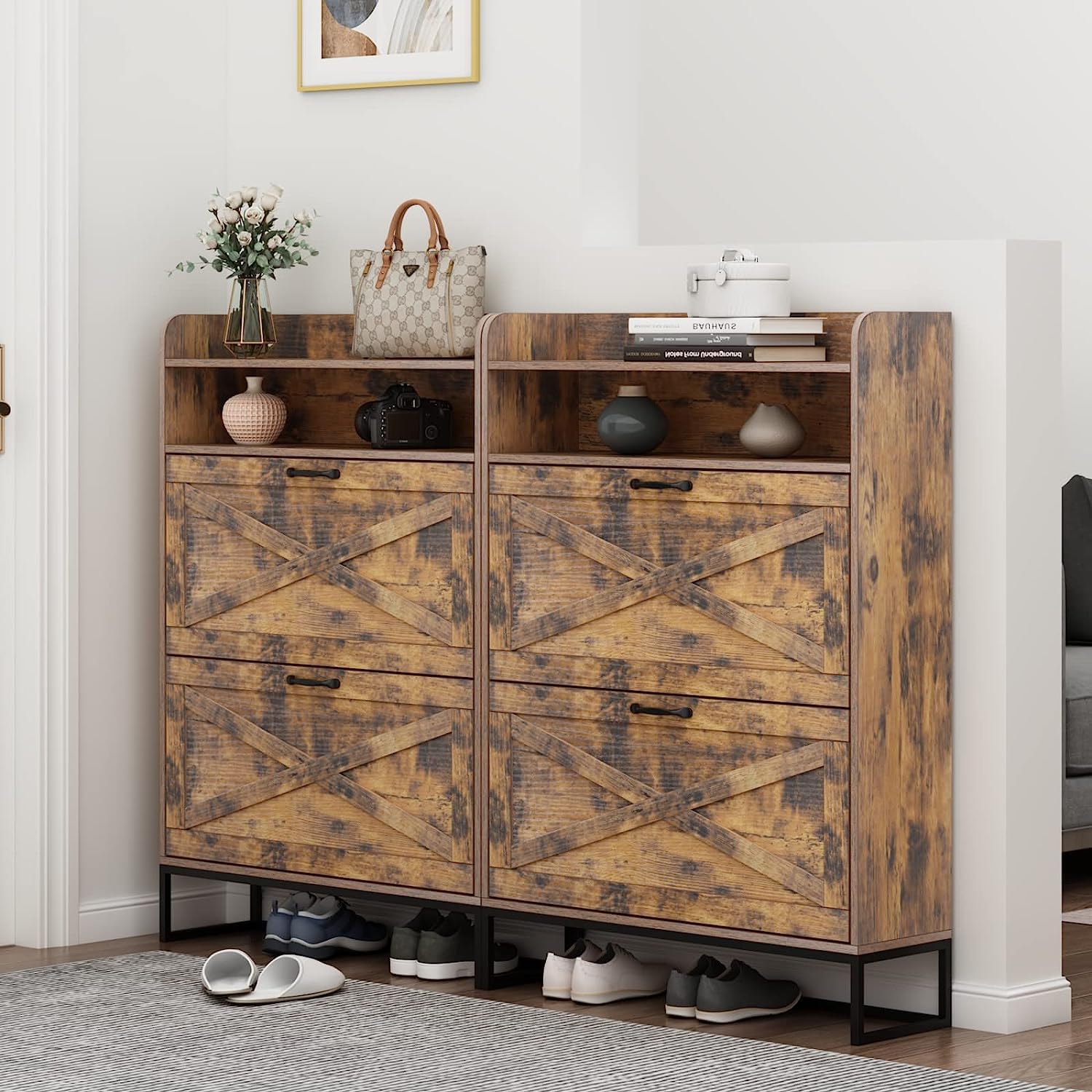Gyfimioe Rattan Shoe Cabinet with 2 Flip Drawers, Slim Shoe Storage Cabinet for Entryway Freestanding Shoe Organizer Narrow Farmhouse Shoe Rack (Rustic Brown)