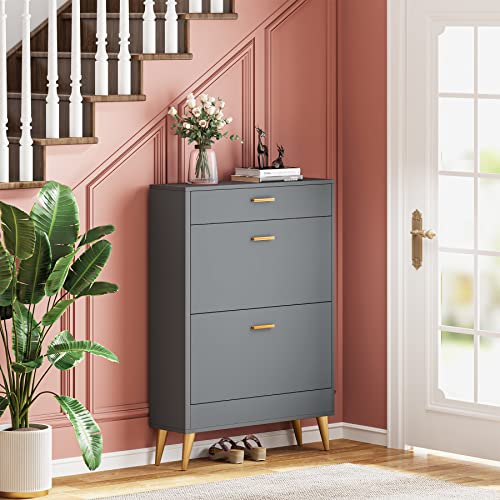 Tribesigns Shoe Cabinet, Modern Shoe Storage Cabinet with 2 Flip Doors and Drawer, Grey Narrow Shoe Organizer Rack for Entryway, Closet (Gray)