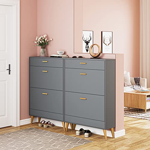 Tribesigns Shoe Cabinet, Modern Shoe Storage Cabinet with 2 Flip Doors and Drawer, Grey Narrow Shoe Organizer Rack for Entryway, Closet (Gray)