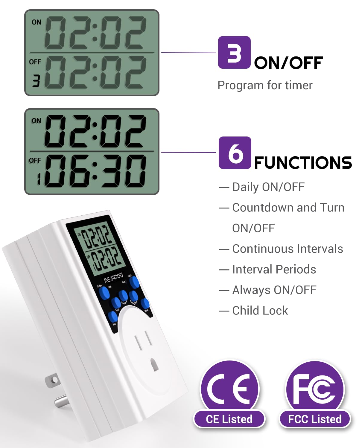 Timer Outlet, Nearpow Multifunctional Infinite Cycle Programmable Plug-in Digital Timer Switch with 3-Prong Outlet for Appliances, 15A/1800W