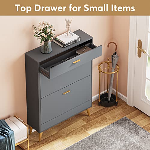Tribesigns Shoe Cabinet, Modern Shoe Storage Cabinet with 2 Flip Doors and Drawer, Grey Narrow Shoe Organizer Rack for Entryway, Closet (Gray)