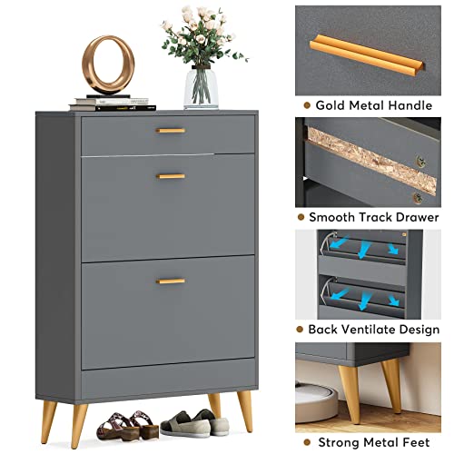 Tribesigns Shoe Cabinet, Modern Shoe Storage Cabinet with 2 Flip Doors and Drawer, Grey Narrow Shoe Organizer Rack for Entryway, Closet (Gray)