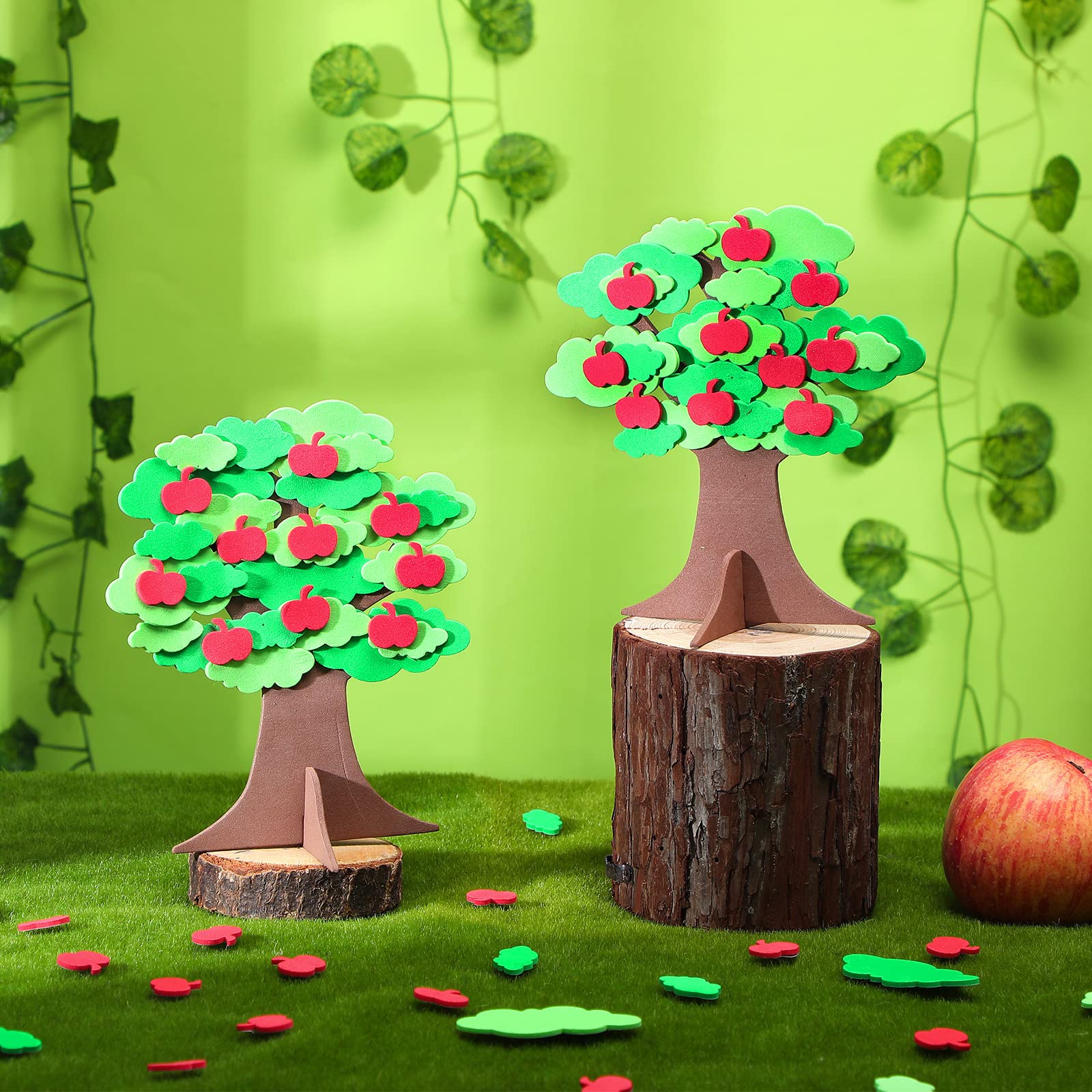 Nuanchu 20 Set 3D Foam Tree Craft Apples Leaves Sticker Self Adhesive Foam Tree Glitter Apple Sticker Spring Trees for Craft Project Family Art Activity