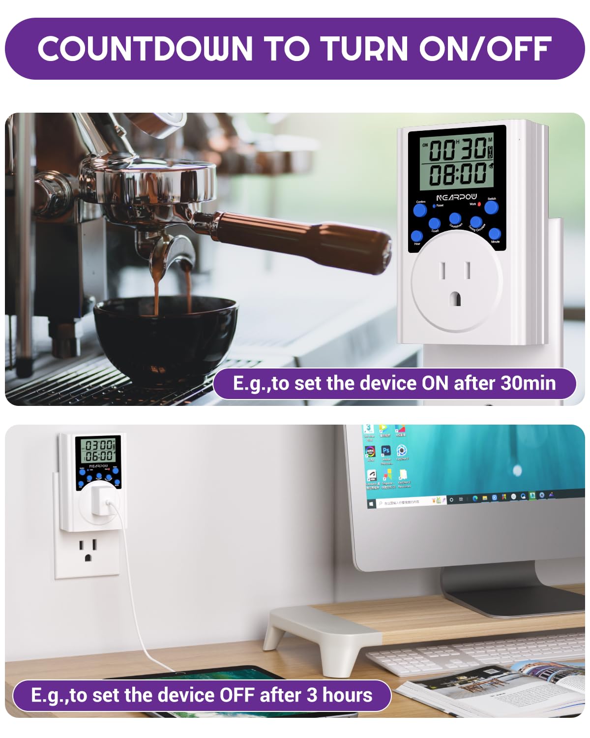 Timer Outlet, Nearpow Multifunctional Infinite Cycle Programmable Plug-in Digital Timer Switch with 3-Prong Outlet for Appliances, 15A/1800W