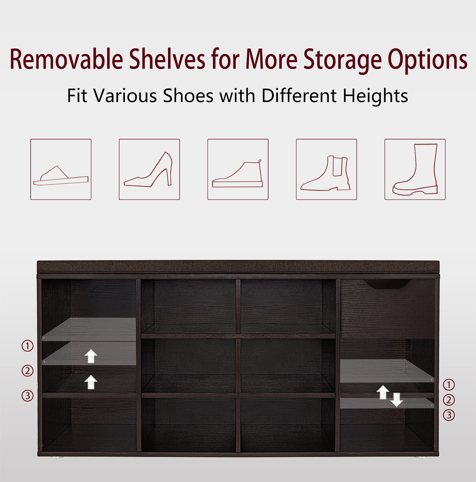 DINZI LVJ Shoe Bench, Entryway Storage Bench with Drawer and 11 Cubbies, Cubby Shoe Rack with Adjustable Shelves, Shoe Organizer Cabinet for Living Room, Bedroom, Mudroom, Closet and Garage, Espresso