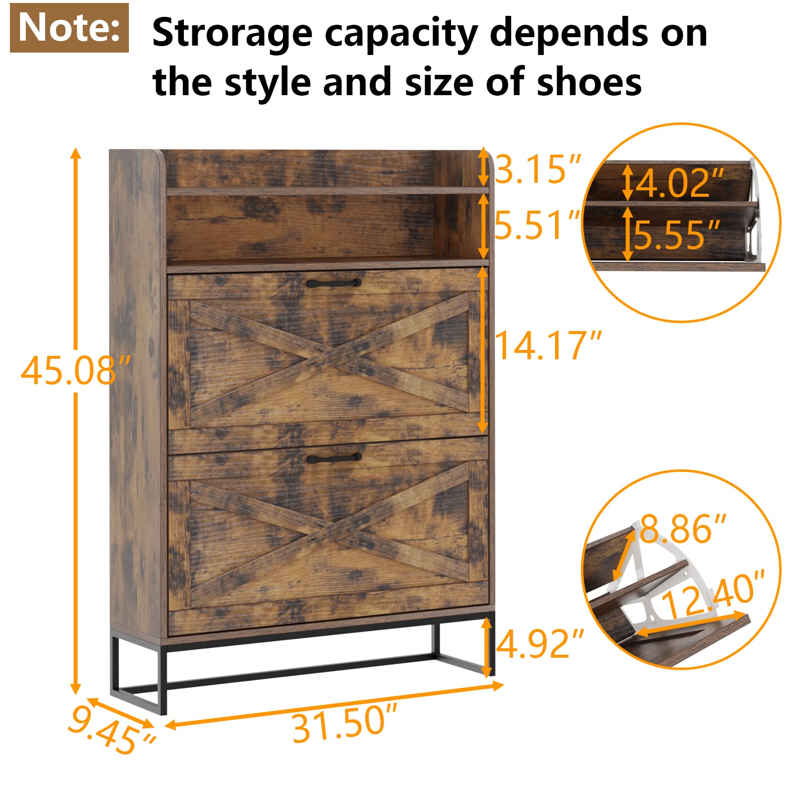 Gyfimioe Rattan Shoe Cabinet with 2 Flip Drawers, Slim Shoe Storage Cabinet for Entryway Freestanding Shoe Organizer Narrow Farmhouse Shoe Rack (Rustic Brown)