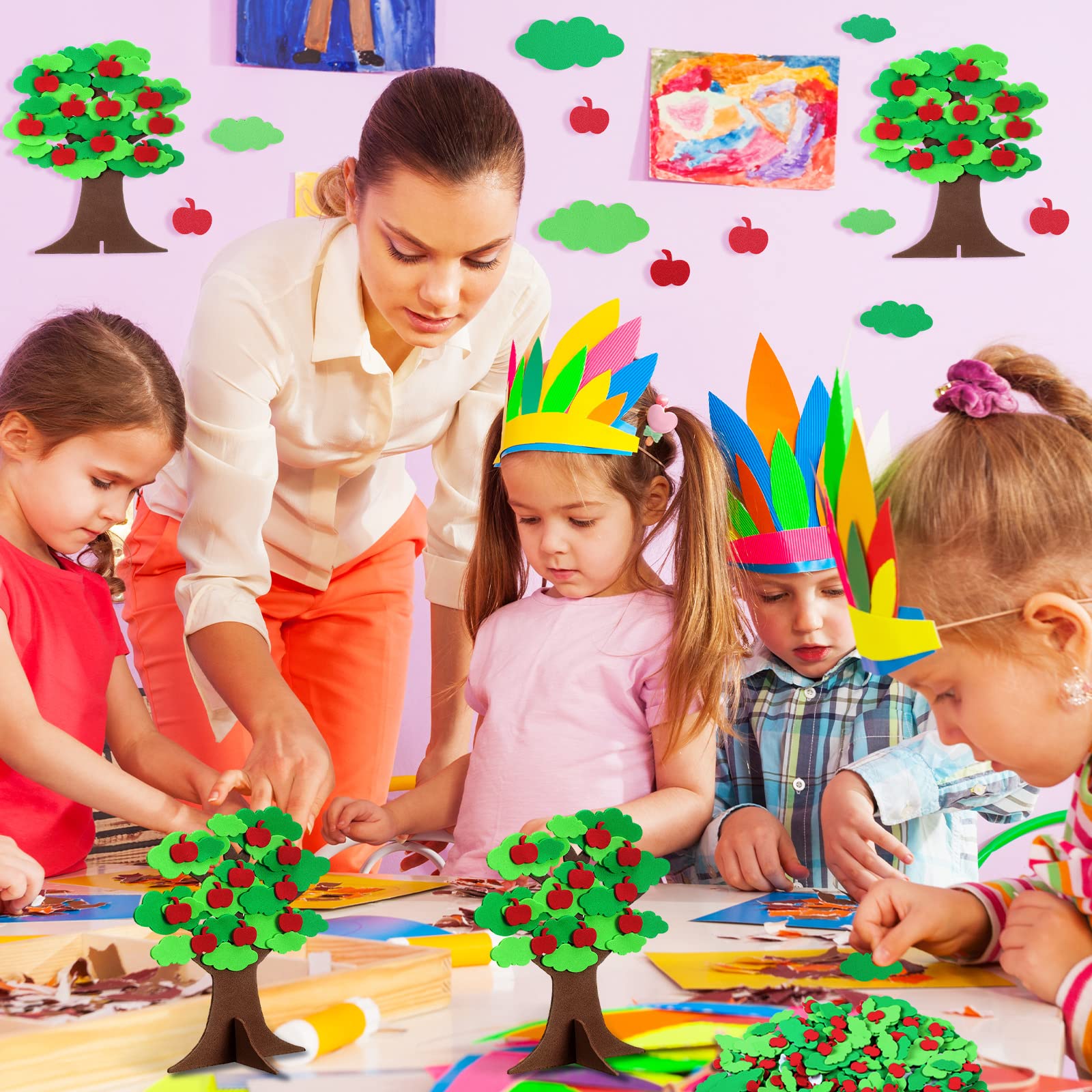 Nuanchu 20 Set 3D Foam Tree Craft Apples Leaves Sticker Self Adhesive Foam Tree Glitter Apple Sticker Spring Trees for Craft Project Family Art Activity