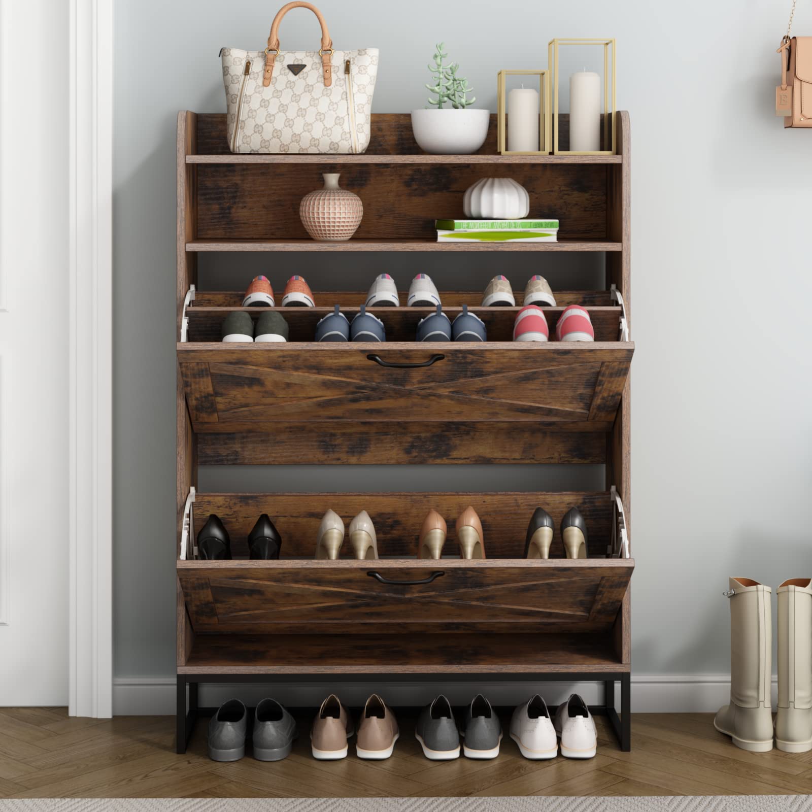 Gyfimioe Rattan Shoe Cabinet with 2 Flip Drawers, Slim Shoe Storage Cabinet for Entryway Freestanding Shoe Organizer Narrow Farmhouse Shoe Rack (Rustic Brown)