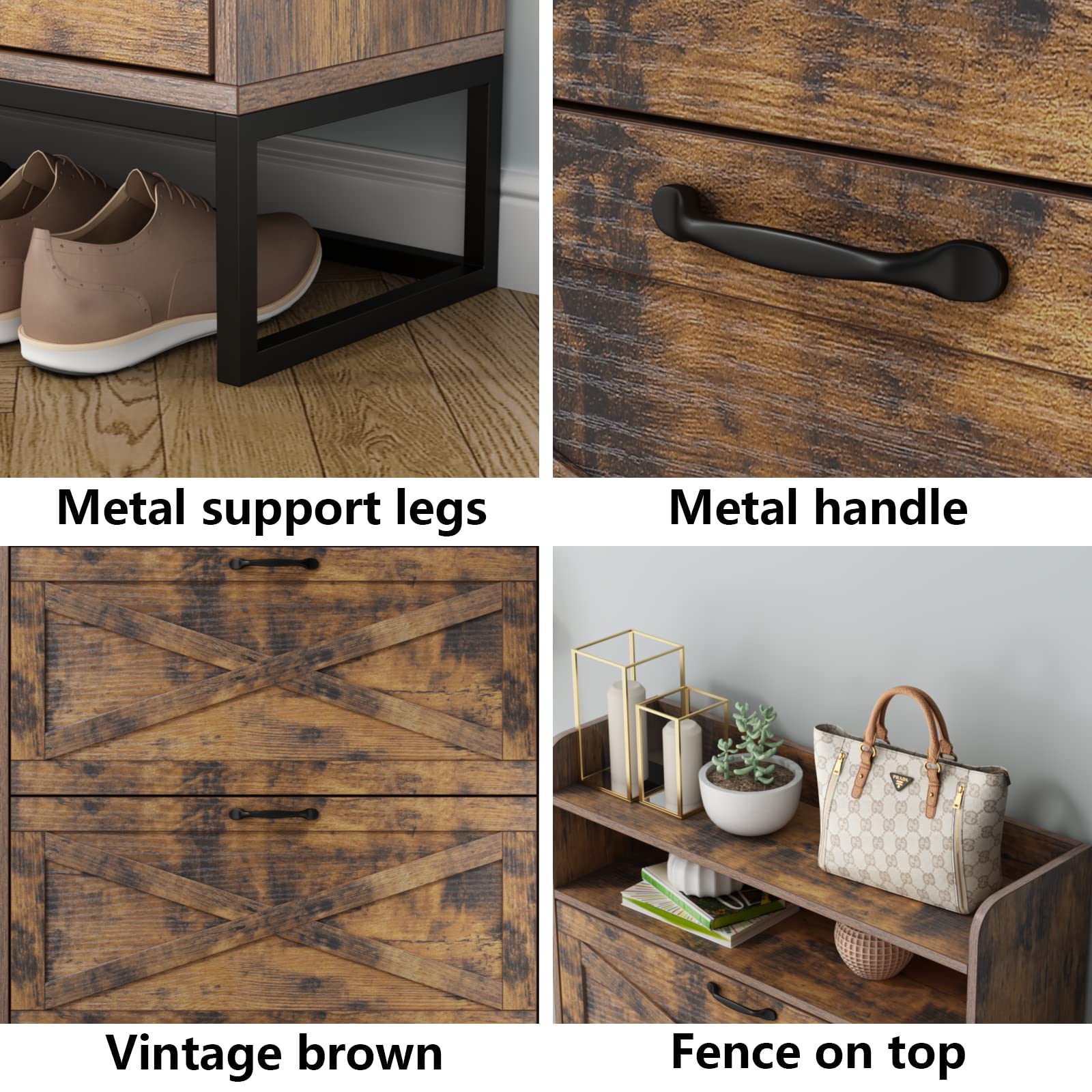 Gyfimioe Rattan Shoe Cabinet with 2 Flip Drawers, Slim Shoe Storage Cabinet for Entryway Freestanding Shoe Organizer Narrow Farmhouse Shoe Rack (Rustic Brown)