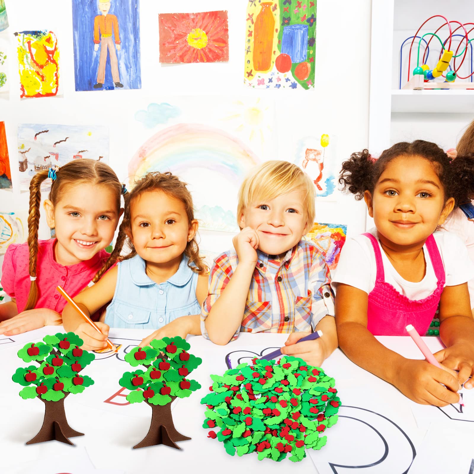 Nuanchu 20 Set 3D Foam Tree Craft Apples Leaves Sticker Self Adhesive Foam Tree Glitter Apple Sticker Spring Trees for Craft Project Family Art Activity