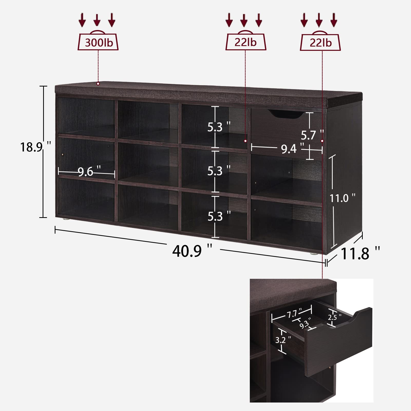 DINZI LVJ Shoe Bench, Entryway Storage Bench with Drawer and 11 Cubbies, Cubby Shoe Rack with Adjustable Shelves, Shoe Organizer Cabinet for Living Room, Bedroom, Mudroom, Closet and Garage, Espresso