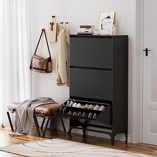 WIILAYOK Shoe Cabinet - Freestanding or Wall Mounted Shoe Storage Organizer with 3 Flip Drawers and Adjustable Shelves - Ideal for Entryway, Hallway, Living Room