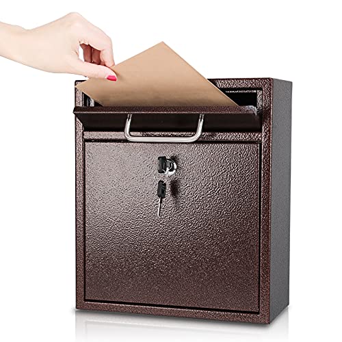 KYODOLED Steel Key Lock Mail Boxes Outdoor,Locking Wall Mount Mailbox,Security Key Drop Box,12Hx 10.51Lx 4.68W Inches,Bronze Large