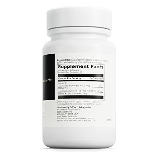 DaVinci Labs ADK - Dietary Supplement to Support Bone Structure, Heart Health and Immune Function - with Vitamin A, Vitamin D3 5,000 IU and Vitamin K2 - Gluten-Free - 60 Vegetarian Capsules