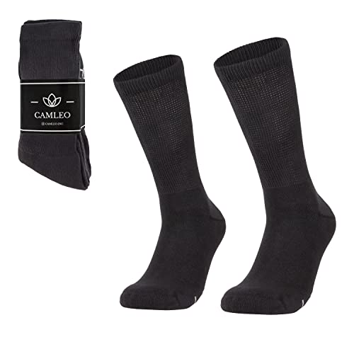 Camleo Black Diabetic Socks for Men, Crew Length Non-Binding Medical Compression Socks with Wide Calves for Diabetes Neuropathy Pain Relief (3 Pairs) (MEDIUM)