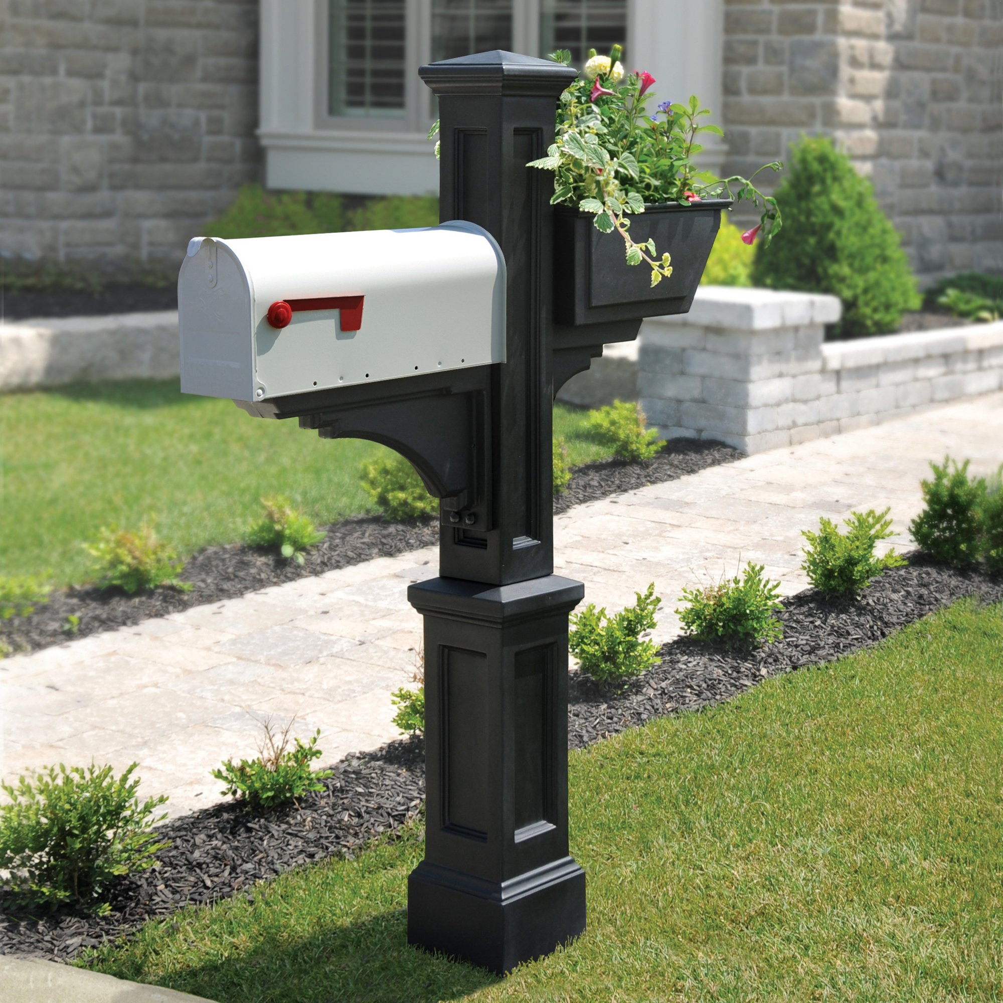 Mayne Inc. Westbrook Plus Mail Post - Black - 40.5in L x 8in W x 56.5in H - Standard Post, Arm Plus & Planter (5830-B)