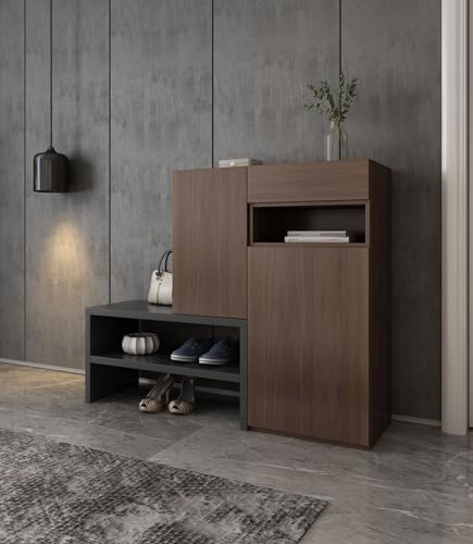 THREE BEDS Corner Shoe Storage Cabinet with 7 Shelves & 1 Drawer Entryway Shoe Storage (Walnut)