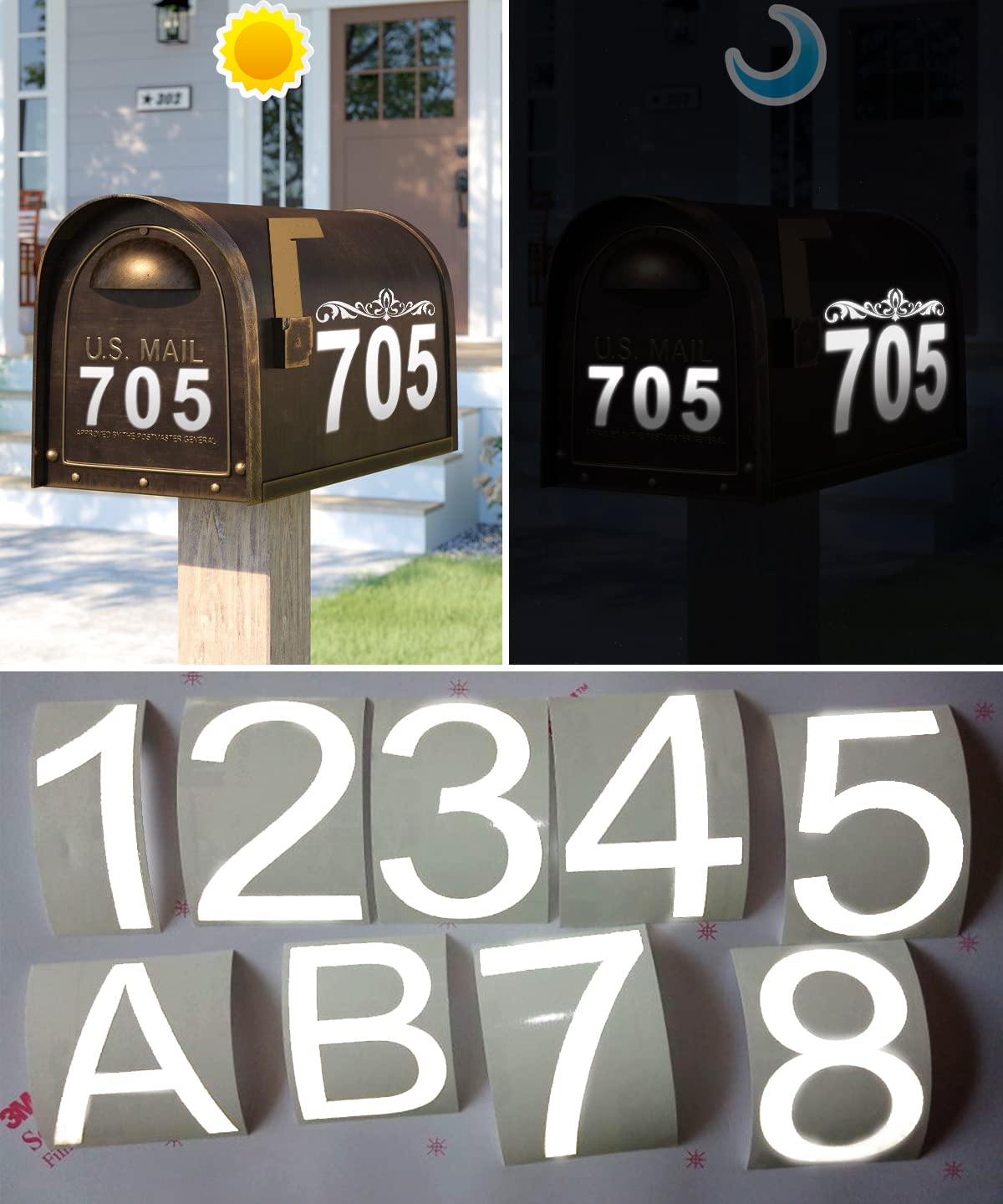 Mailbox Numbers, Reflective Mailbox Numbers for Outside (6 Sets), Waterproof House Numbers for Mailbox, White Number Mailbox Stickers Self-Adhesive for Signs, Home, Door, Window, Address Number (0-9)