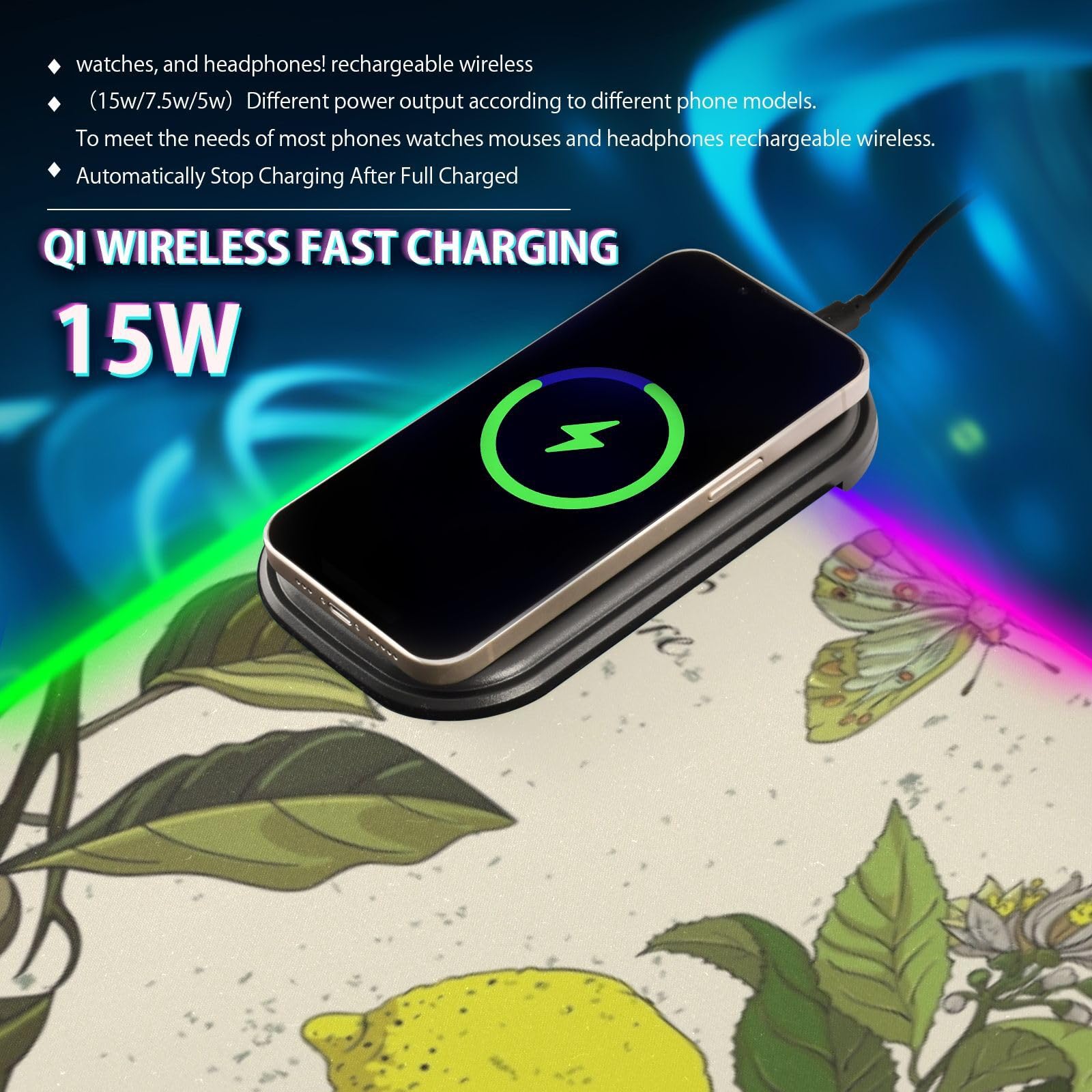 Lemon Tree Wireless Charging Mouse Pad for Mobile Phone Extra Large Gaming Mousepad with 13 Lighting Modes Keyboard Mat for MacBook PC Laptop Desk Office Home Gaming
