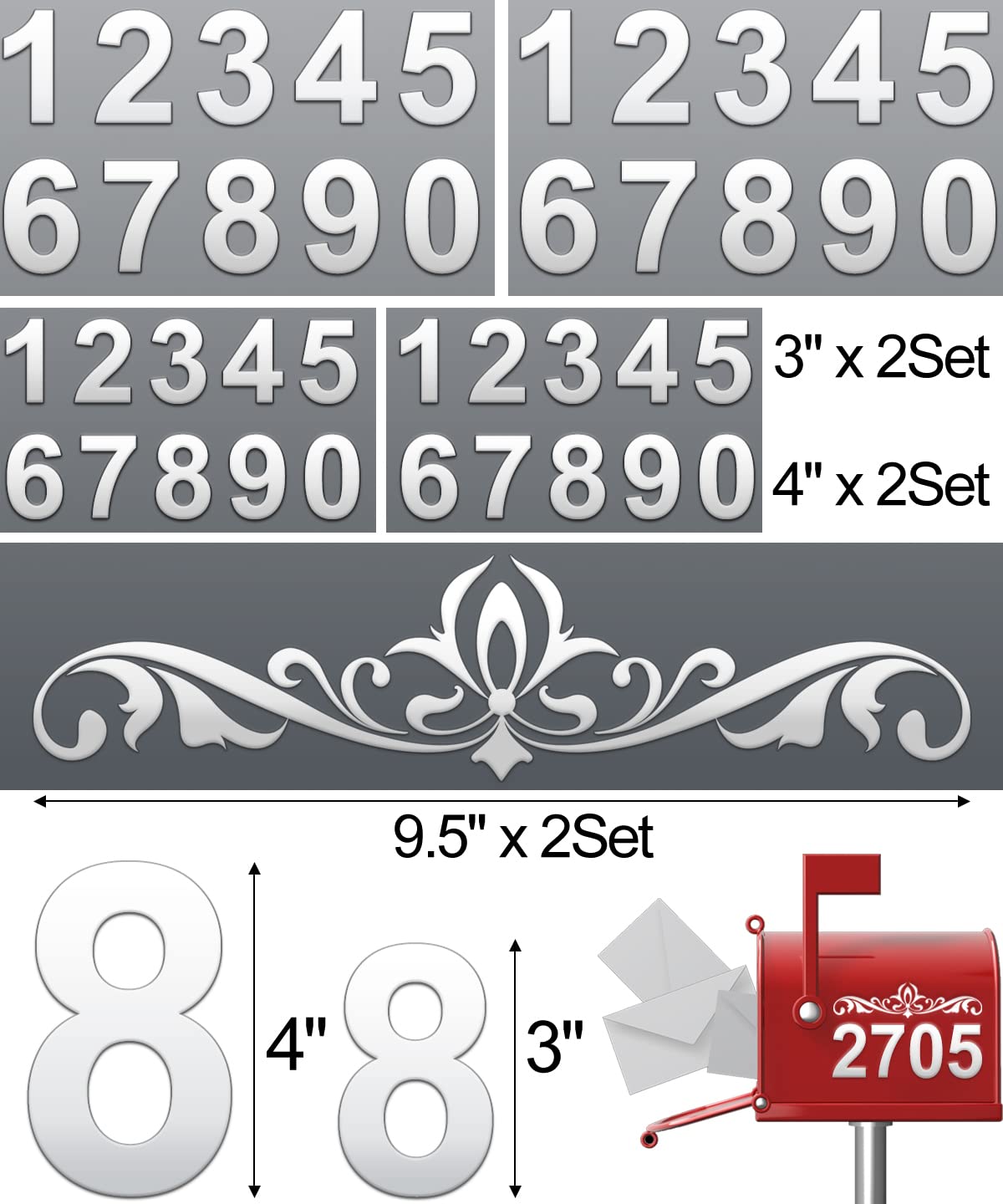 Mailbox Numbers, Reflective Mailbox Numbers for Outside (6 Sets), Waterproof House Numbers for Mailbox, White Number Mailbox Stickers Self-Adhesive for Signs, Home, Door, Window, Address Number (0-9)
