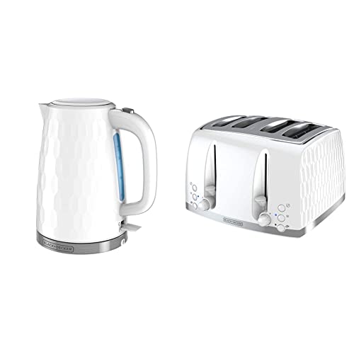 BLACK+DECKER Honeycomb Collection Rapid Boil 1.7L Electric Cordless Kettle with Premium Textured Finish,KE1560W & Honeycomb Collection 4-Slice Toaster with Premium Textured Finish, TR1450WD, White