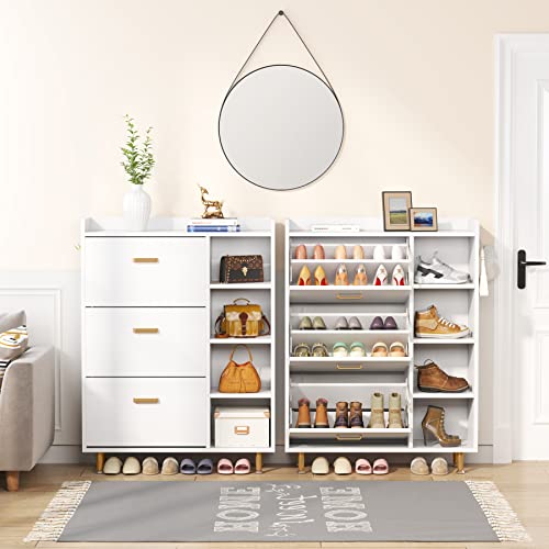 LITTLE TREE Shoe Cabinet, Freestanding Shoes Storage Cabinets with 3 Flip Drawers and Open Shelves for Entryway