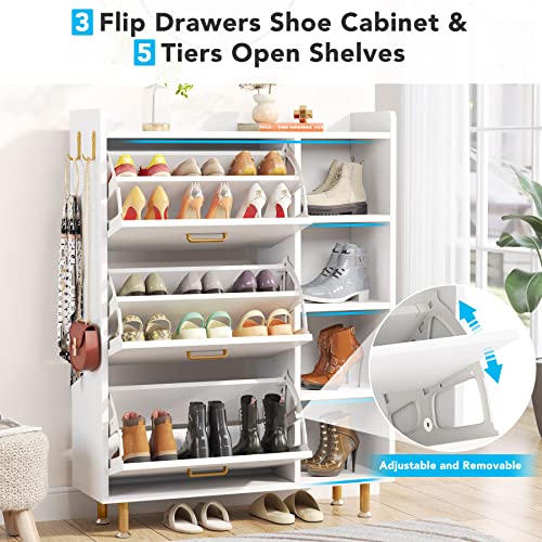 LITTLE TREE Shoe Cabinet, Freestanding Shoes Storage Cabinets with 3 Flip Drawers and Open Shelves for Entryway
