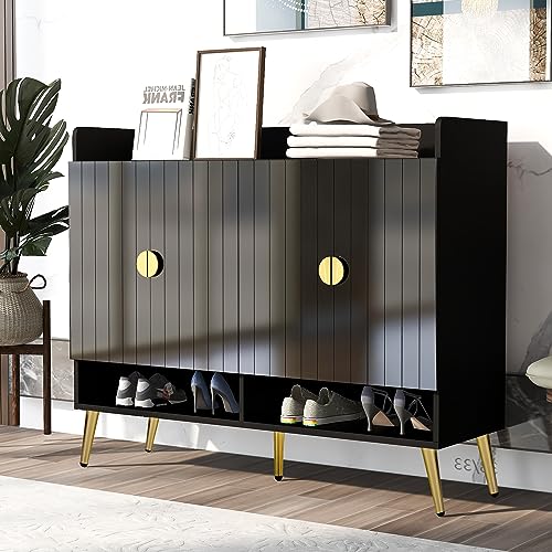 Bellemave Shoe Cabinet with Doors, 11-Tier Shoe Storage Cabinet with Adjustable Shelves, Modern Wooden Shoes Shoe Storage Organizer for Entryway, Living Room, Hallway（Black）