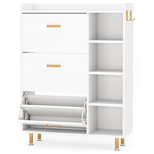 LITTLE TREE Shoe Cabinet, Freestanding Shoes Storage Cabinets with 3 Flip Drawers and Open Shelves for Entryway