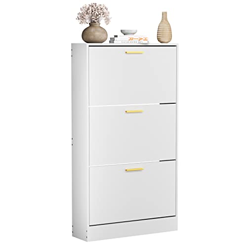 RESOM 3-Tier White Shoe Cabinet with Flip Drawers, Narrow Shoe Storage Rack, Modern Free Standing Tipping Bucket Shoe Organizer Cabinet for Entryway