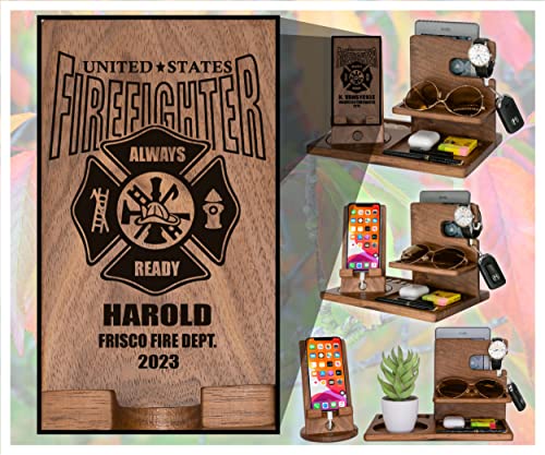 Wooden Desk Organizer Engraved Firefighter Name Gifts For Fireman, Rescue Man in Frisco Fire Dept, office desk accessories for District Chief, Custom boyfriend gift, christmas gift for dad