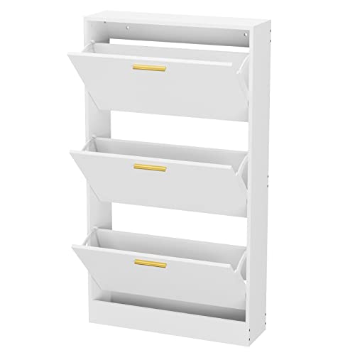 RESOM 3-Tier White Shoe Cabinet with Flip Drawers, Narrow Shoe Storage Rack, Modern Free Standing Tipping Bucket Shoe Organizer Cabinet for Entryway