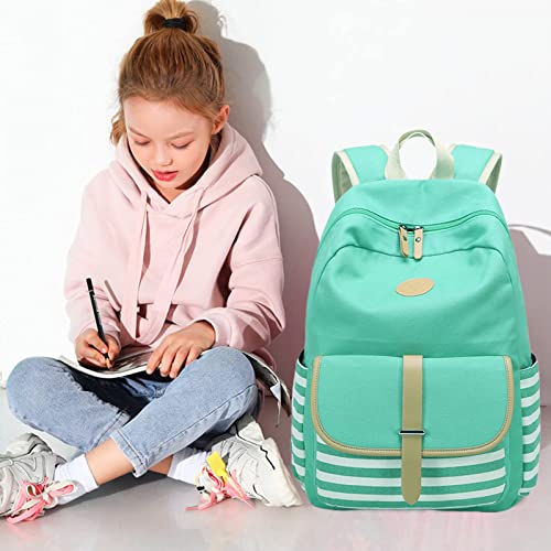 Joyfulife Girls Backpacks, School Backpack for Girls Lightweight Canvas Backpack Student Bookbags Stripe Backpack with Lunch Box 4 in 1