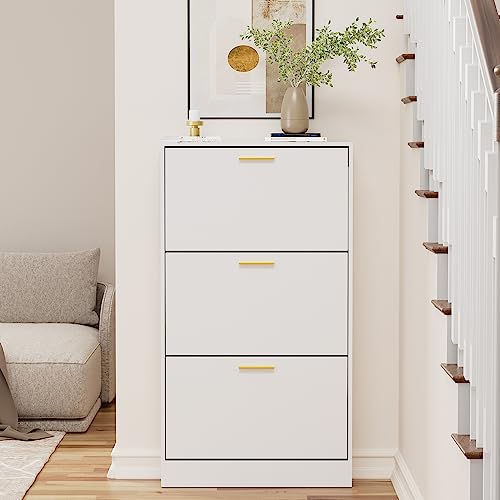 RESOM 3-Tier White Shoe Cabinet with Flip Drawers, Narrow Shoe Storage Rack, Modern Free Standing Tipping Bucket Shoe Organizer Cabinet for Entryway