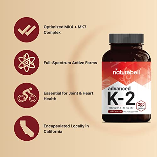 Full Spectrum Vitamin K2 Supplement with MK-7 & MK-4, 200 mcg, 200 Capsules, 2 in 1 Formula, Vitamin K2 Complex Supplement, Supports Joint and Heart Health, Non-GMO
