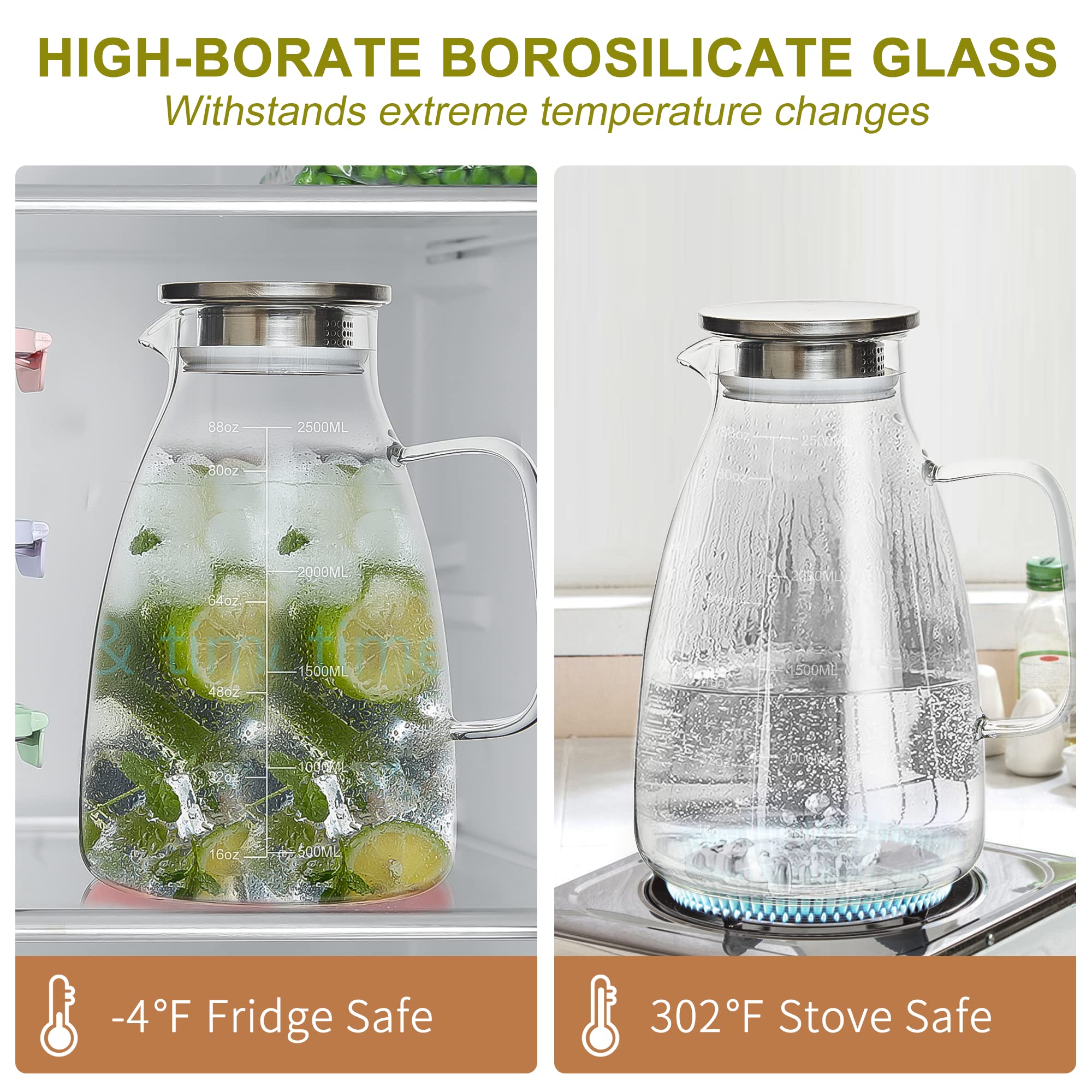 Transparent Glass Pitcher, 88oz/2.5L - Large Drinking Pitcher with Lid, Precise Scale Line, Mixing Spoon and Brush