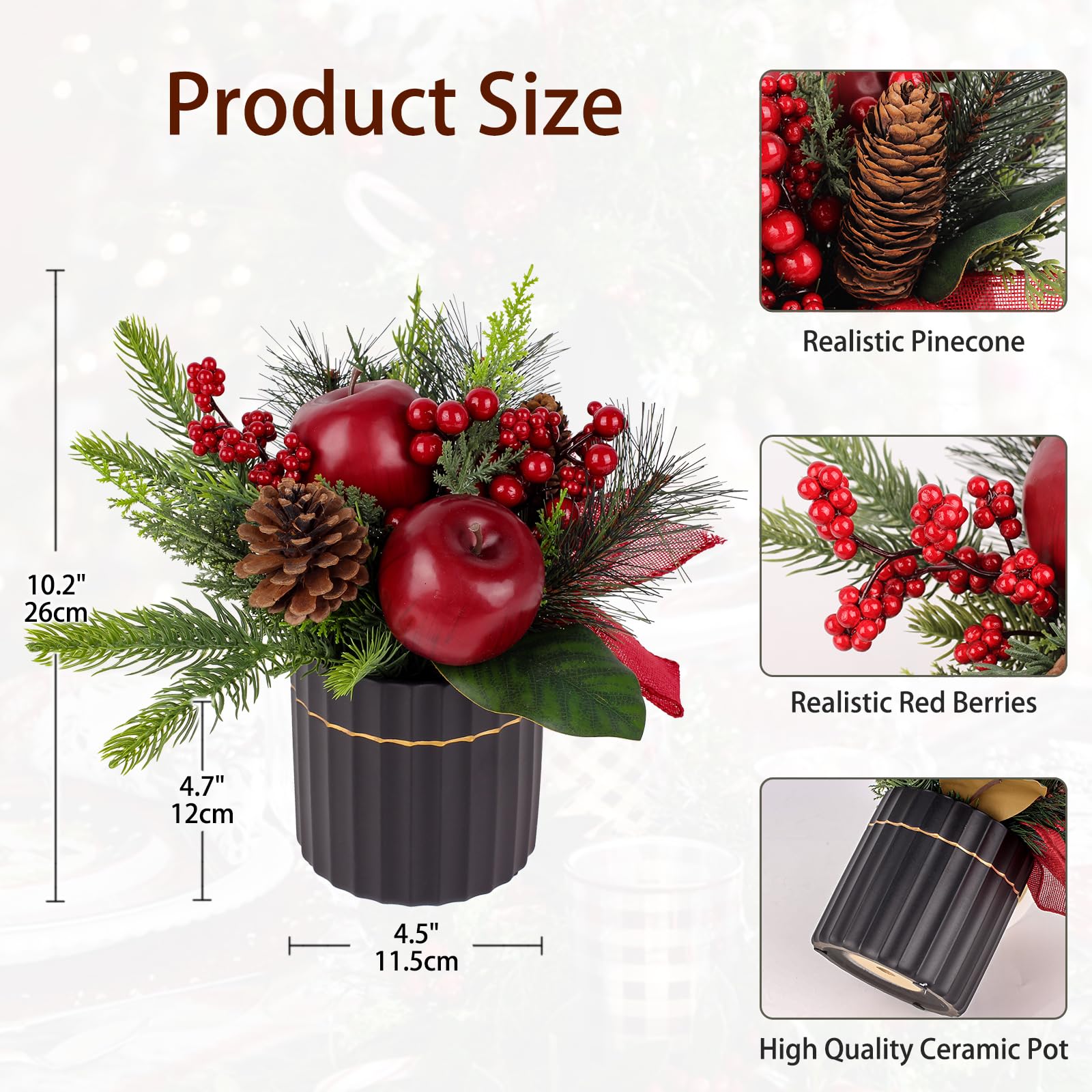Mini Christmas Tree, Artificial Potted Christmas Tree with Apples Pine Cones Berries Ribbon Tabletop Small Christmas Floral Arrangements in Pot Xmas Centerpieces for Tables Desk Mantle Decor-10.2''