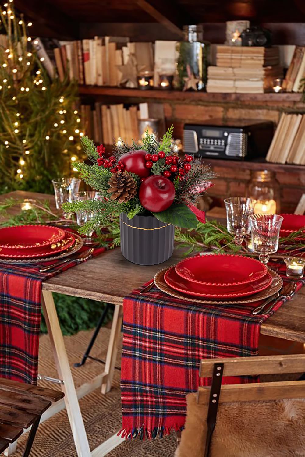 Mini Christmas Tree, Artificial Potted Christmas Tree with Apples Pine Cones Berries Ribbon Tabletop Small Christmas Floral Arrangements in Pot Xmas Centerpieces for Tables Desk Mantle Decor-10.2''