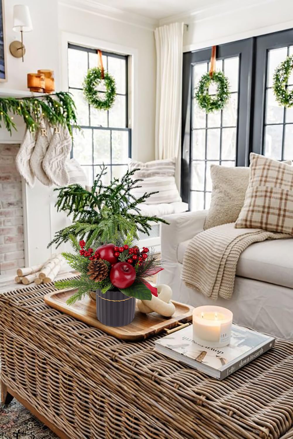 Mini Christmas Tree, Artificial Potted Christmas Tree with Apples Pine Cones Berries Ribbon Tabletop Small Christmas Floral Arrangements in Pot Xmas Centerpieces for Tables Desk Mantle Decor-10.2''